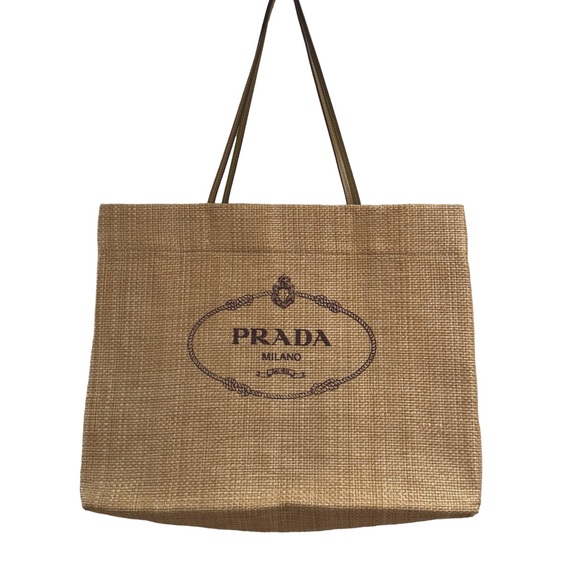 Prada | Bags | Prada Logo Raffia Woven Shopper Tote Natural Large ...